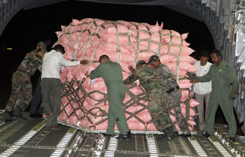 Relief material carried to Nepal being loaded on an Indian Air Force ...